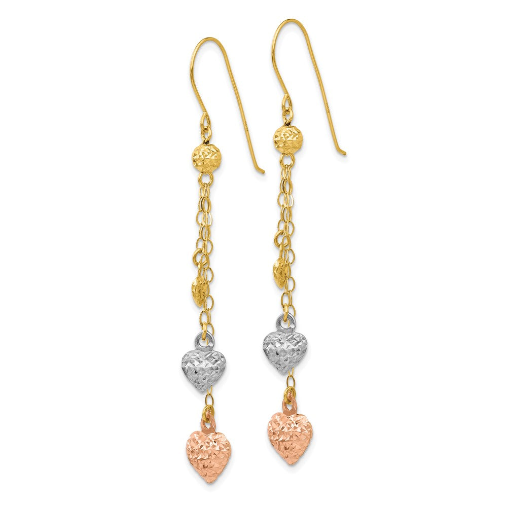 14k Tri-Color Heart Dangle Earrings with Diamond-Cut Detail – Treasures ...